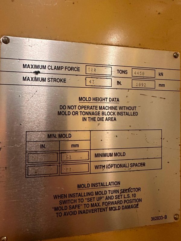 2002 Van Dorn Demag 500SP2800 – 500 Ton Hydraulic Press, 59.2 oz Shot ...